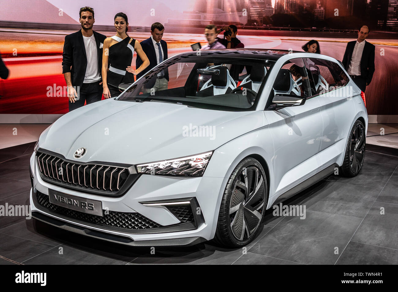 Paris, France, Oct 02, 2018 metallic white Skoda VISION RS concept car ...