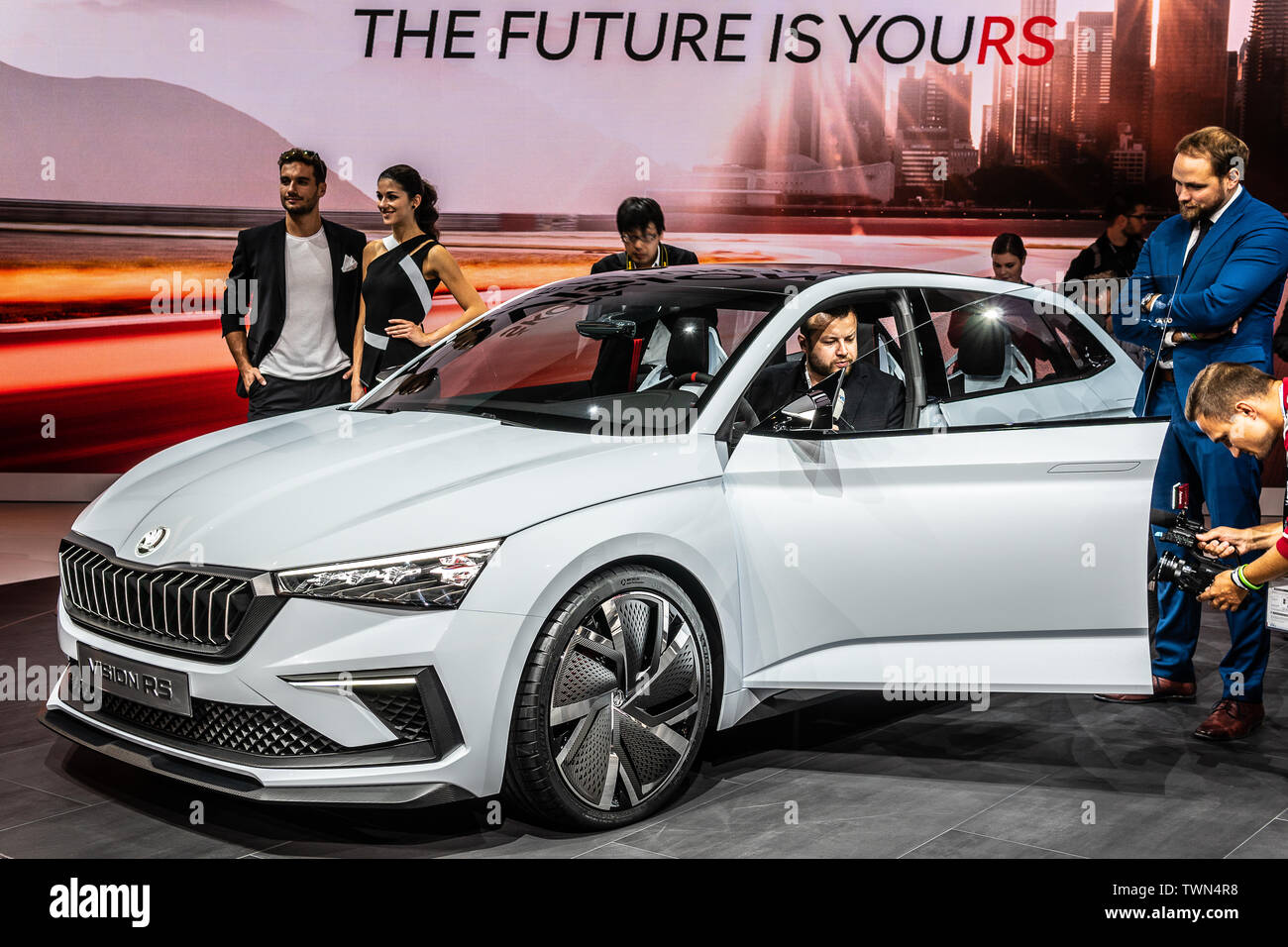 Paris, France, Oct 02, 2018 metallic white Skoda VISION RS concept car ...