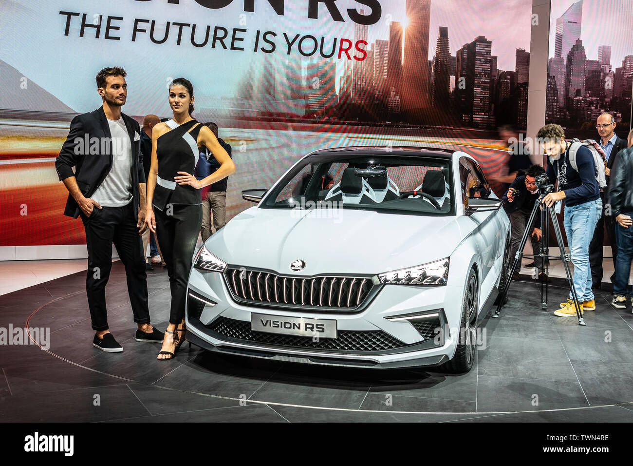 Paris, France, Oct 02, 2018 metallic white Skoda VISION RS concept car ...