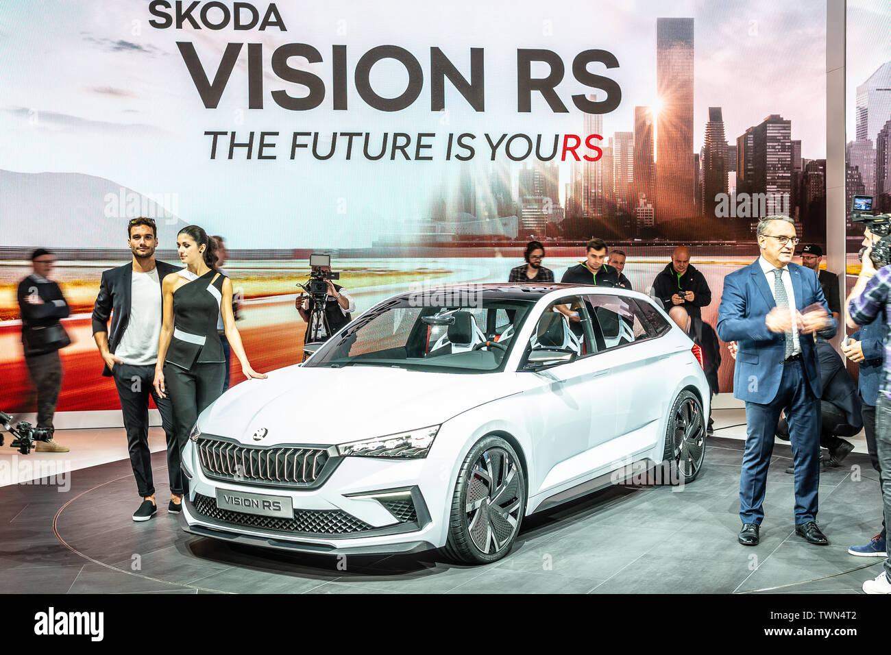 Paris, France, Oct 02, 2018 metallic white Skoda VISION RS concept car ...