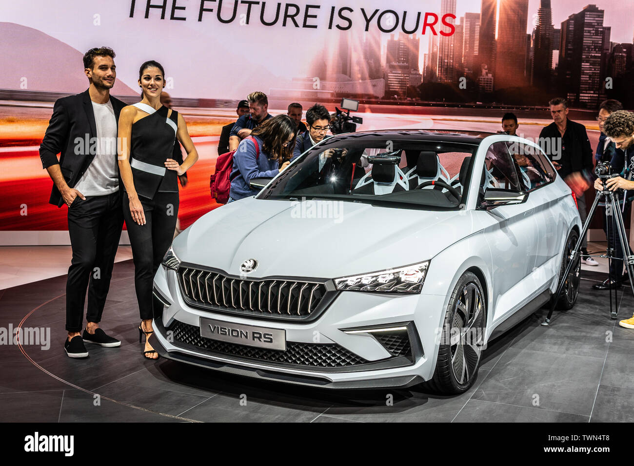 Paris, France, Oct 02, 2018 metallic white Skoda VISION RS concept car ...