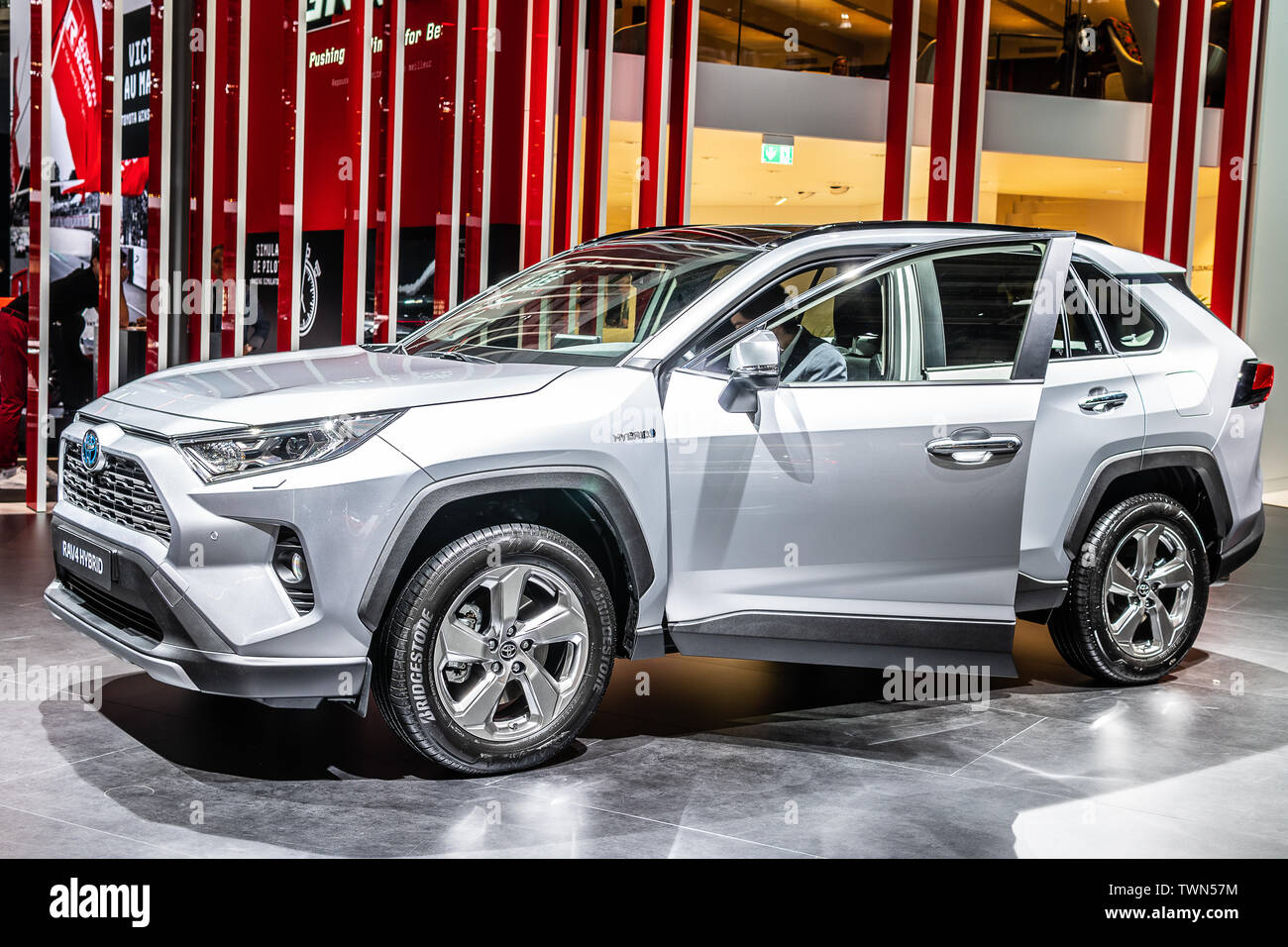 Paris, France, October 02, 2018: metallic red Toyota RAV4 Hybrid at ...