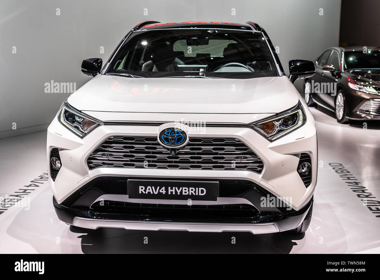 Paris, France, October 02, 2018: metallic red Toyota RAV4 Hybrid at ...