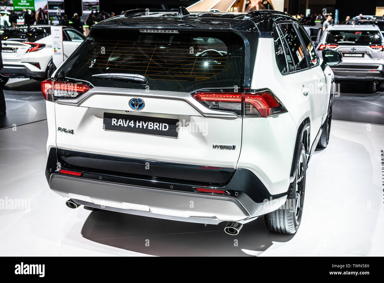 Paris, France, October 02, 2018: metallic red Toyota RAV4 Hybrid at ...