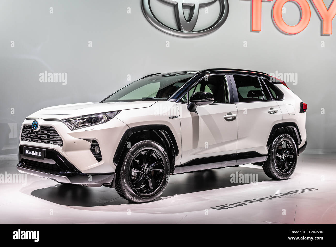Paris, France, October 02, 2018: metallic red Toyota RAV4 Hybrid at ...