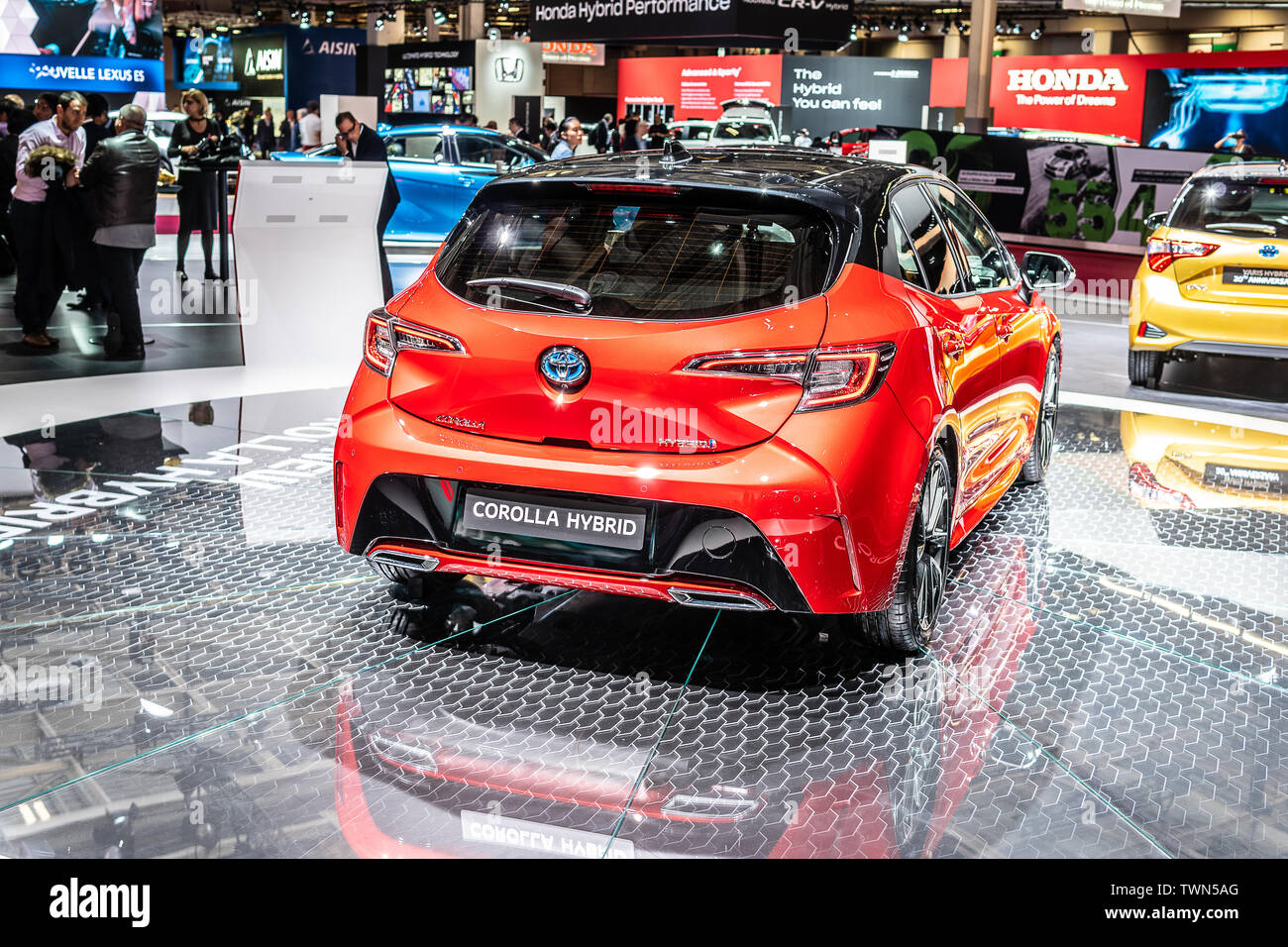 Paris, France, Oct 03, 2018 red Toyota Corolla Hybrid at Mondial Paris ...