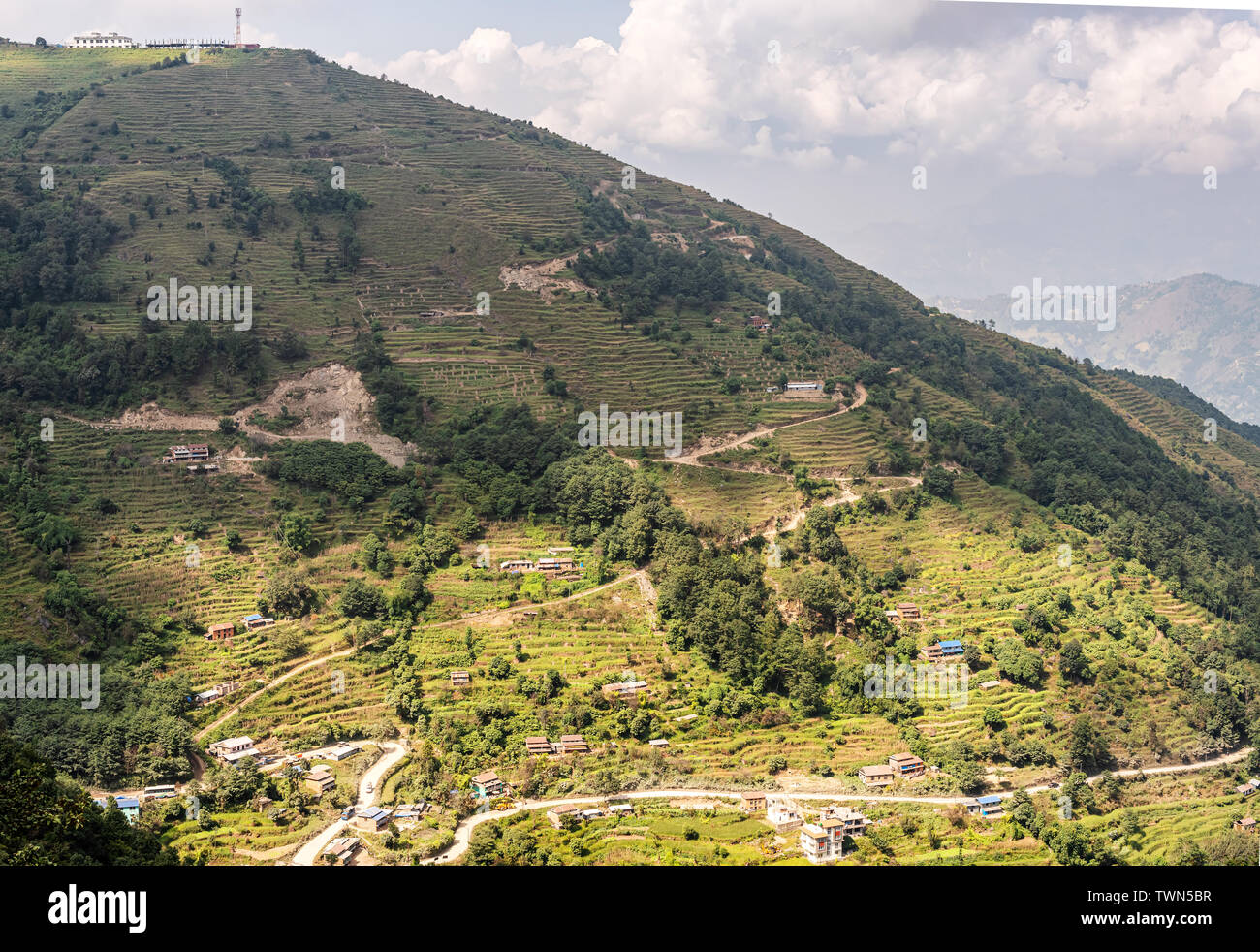 Landscape view at agriculture terraces in the rural area in Kathmandu ...