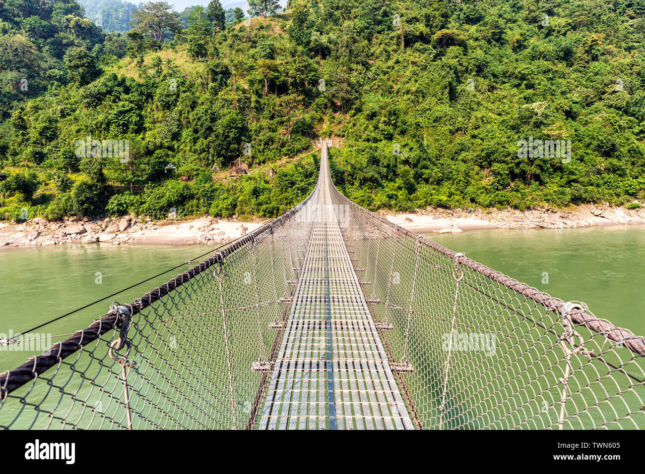 Hanging bridge one of many, on the route from Chitwan to Kathmandu ...
