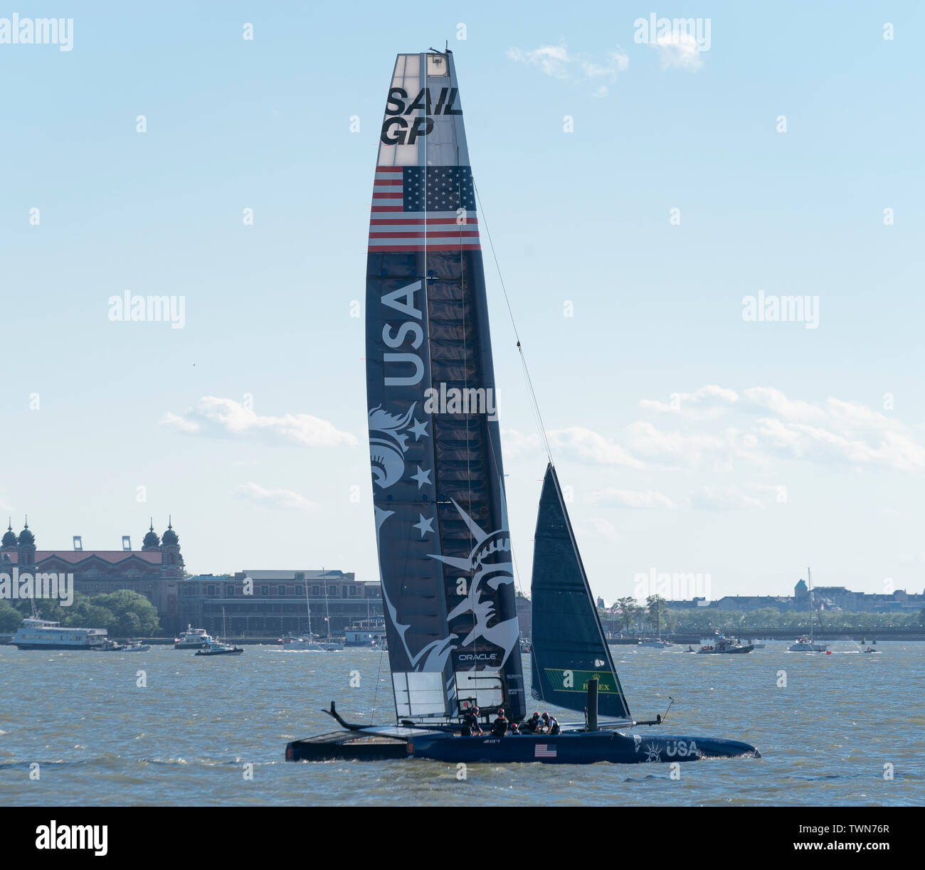 New York, NY - June 21, 2019: SailGP Team USA sails their race yacht ...