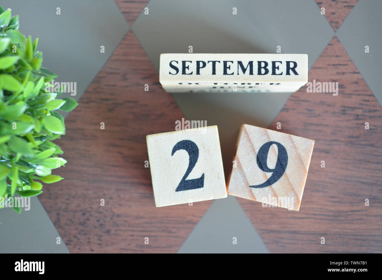 Date of September with leaf on diamond pattern table for background ...