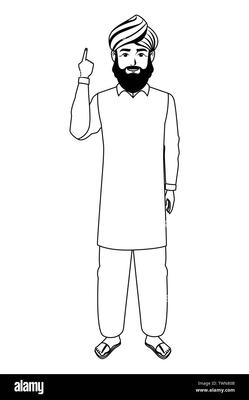 indian man avatar cartoon character in black and white Stock Vector ...