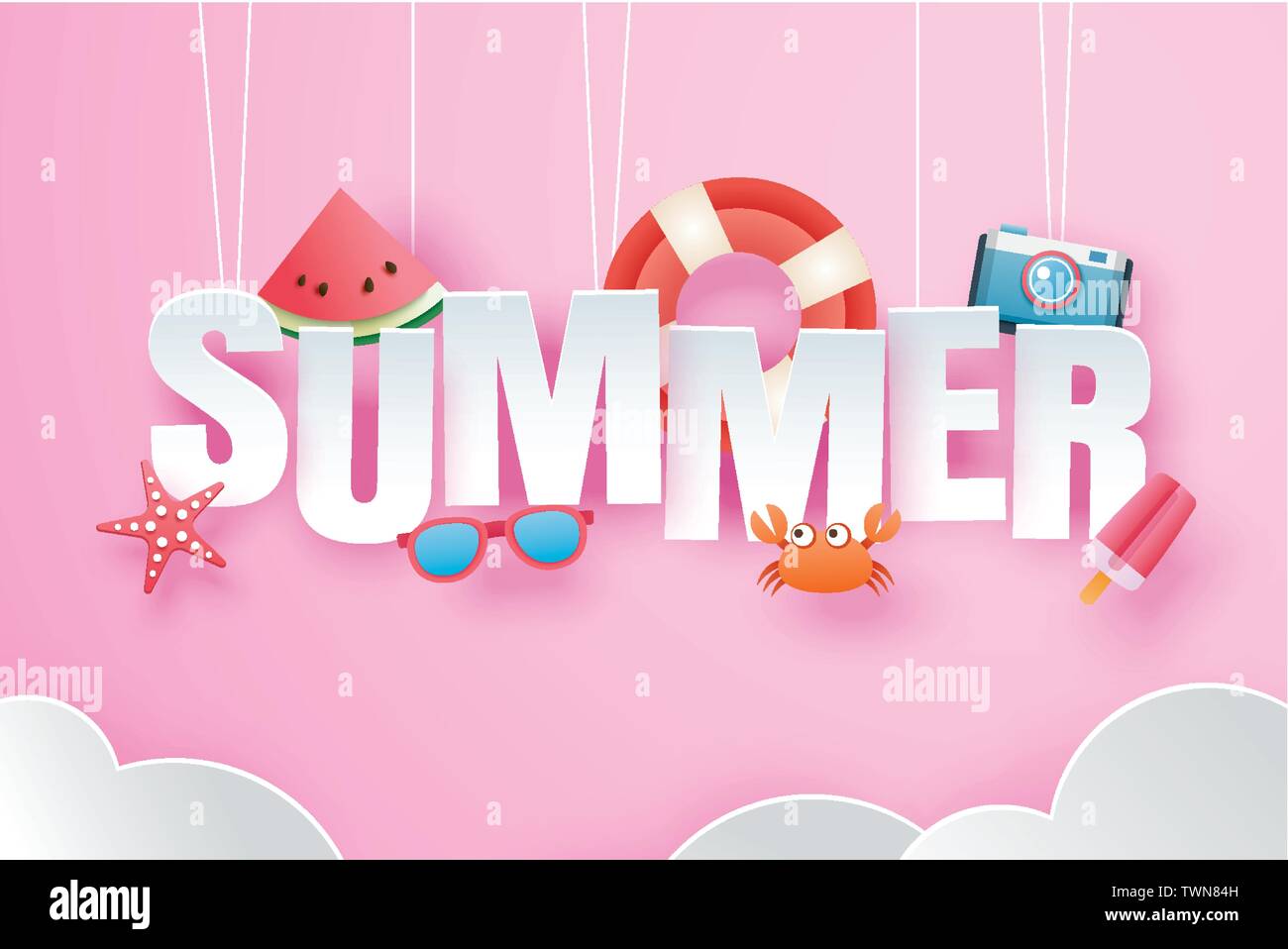 Hello summer with decoration origami hanging on pink sky background ...