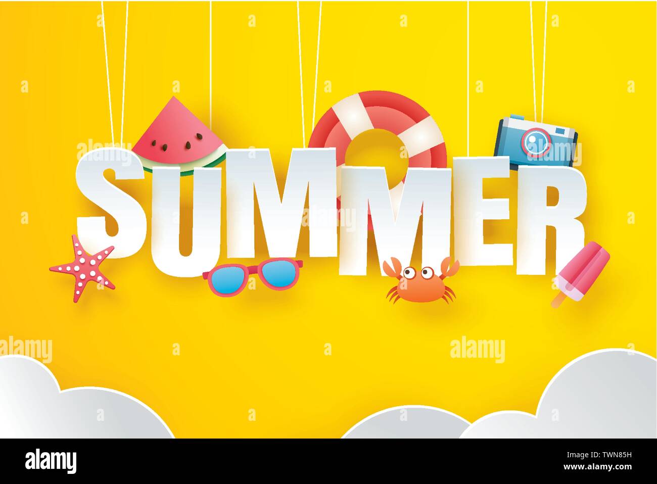 Hello summer with decoration origami hanging on yellow sky background ...