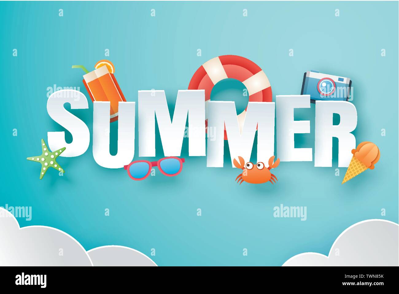 Hello summer with decoration origami on blue sky background. Paper art ...