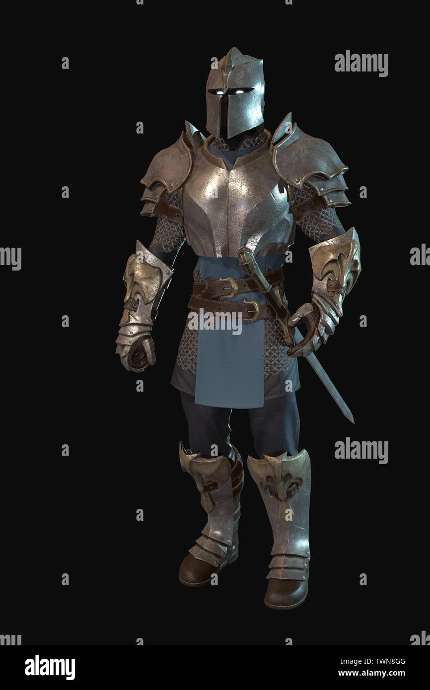 Fantasy character knight with sword in epic pose - 3D render on black ...