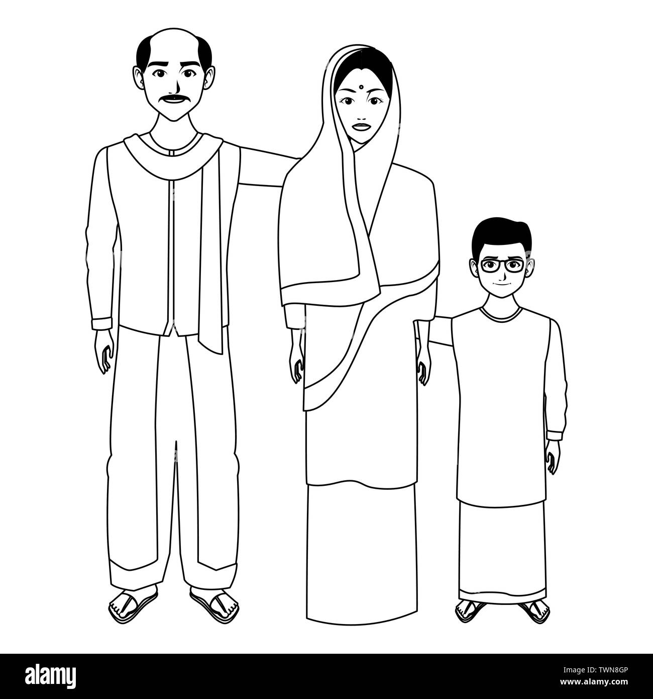 indian family avatar cartoon character in black and white Stock Vector ...