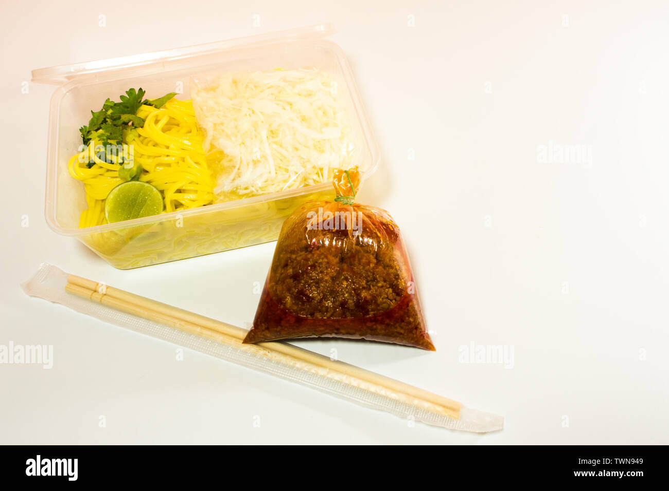 Spaghetti with sauce / Take home food in plastic packaging Stock Photo ...