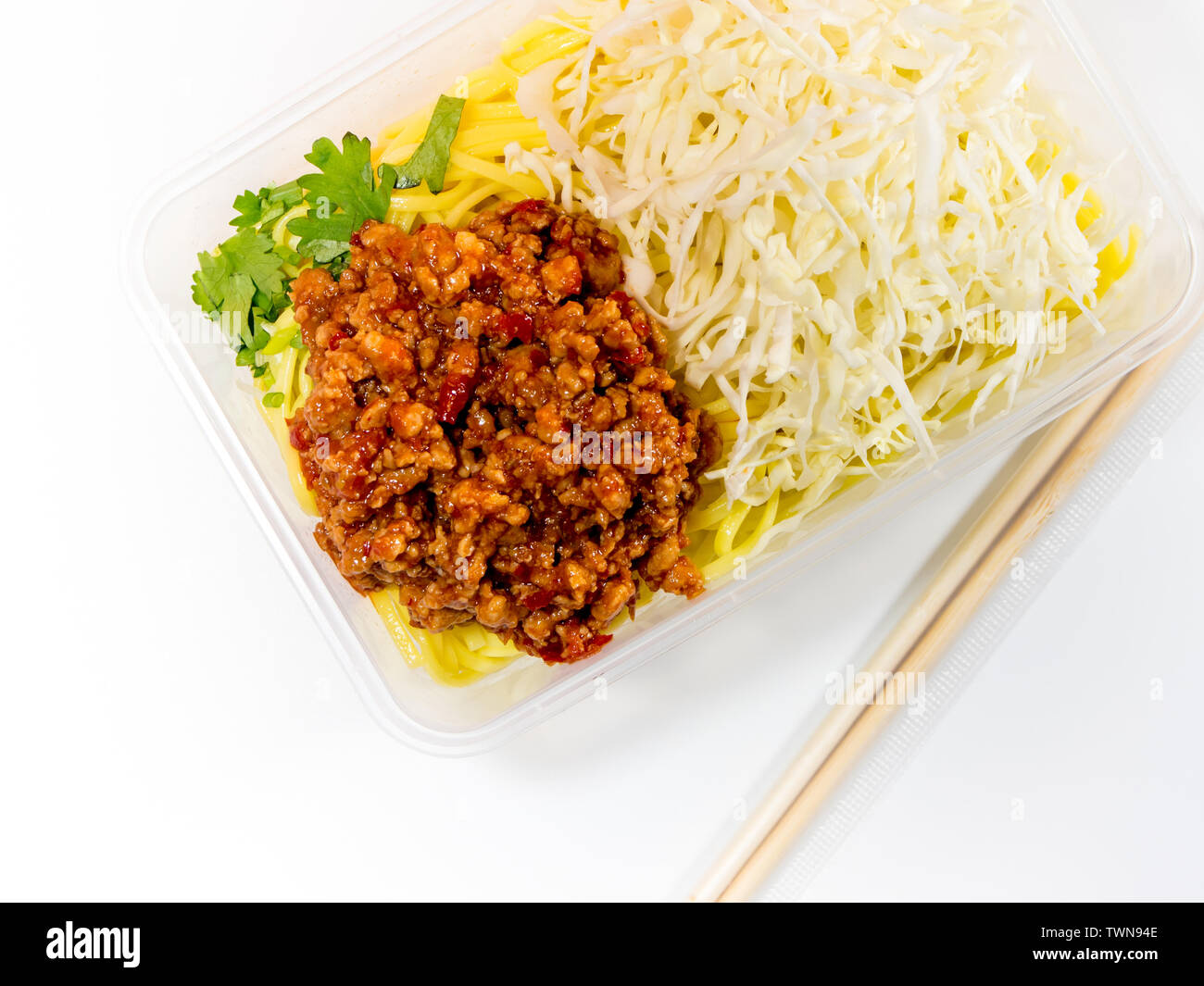 Spaghetti with sauce / Take home food in plastic packaging Stock Photo ...