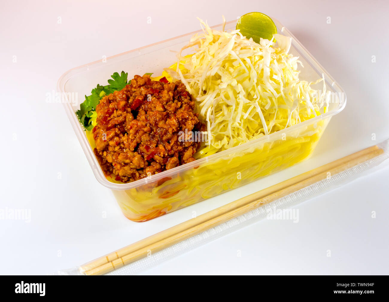 Spaghetti with sauce / Take home food in plastic packaging Stock Photo ...