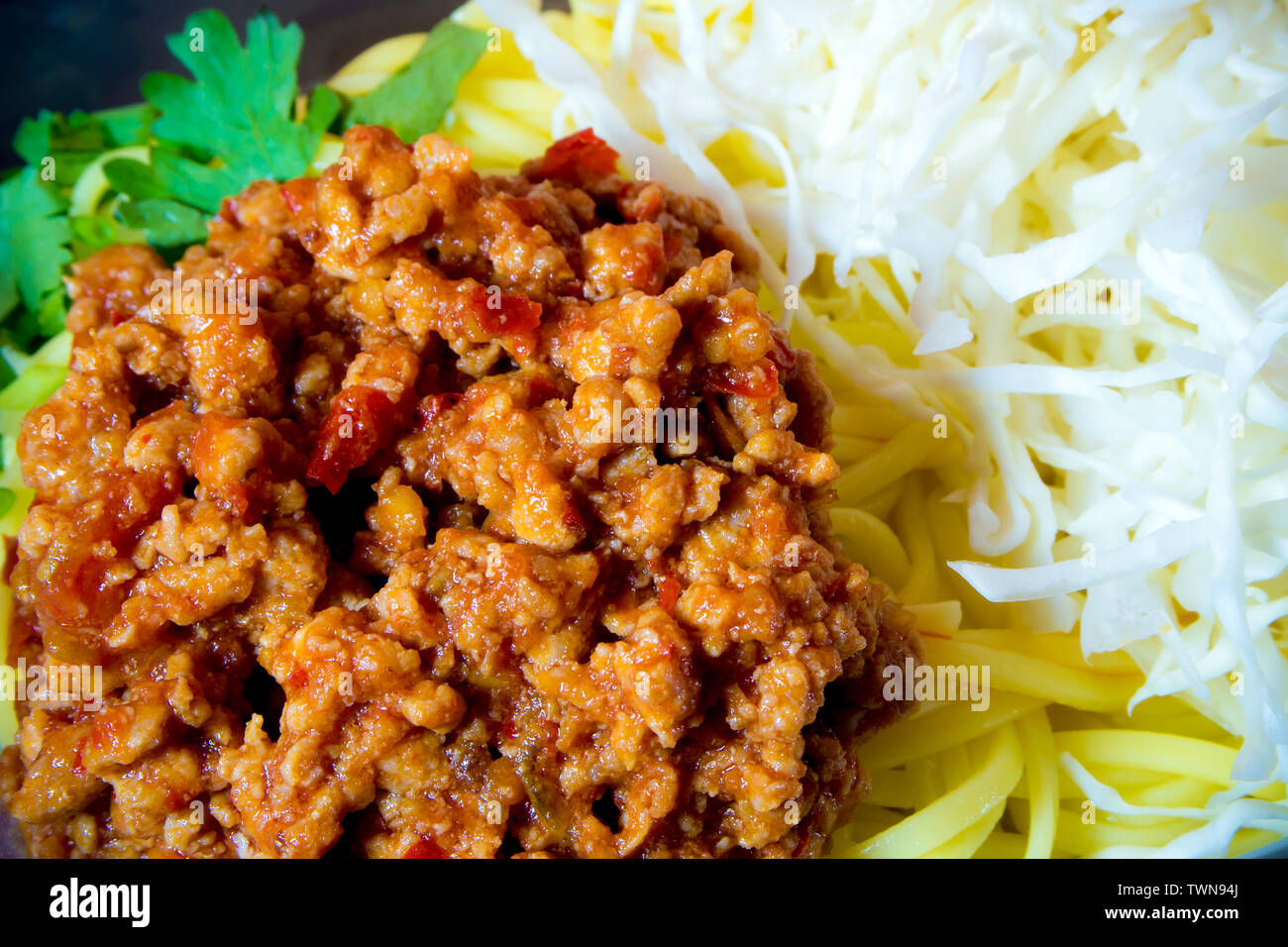 Spaghetti with sauce / Take home food in plastic packaging Stock Photo ...