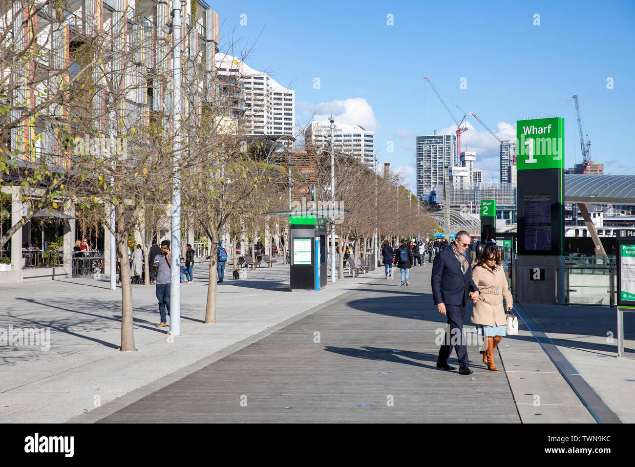 Sydney Barangaroo and ferry wharf, view towards Darling harbour and ...