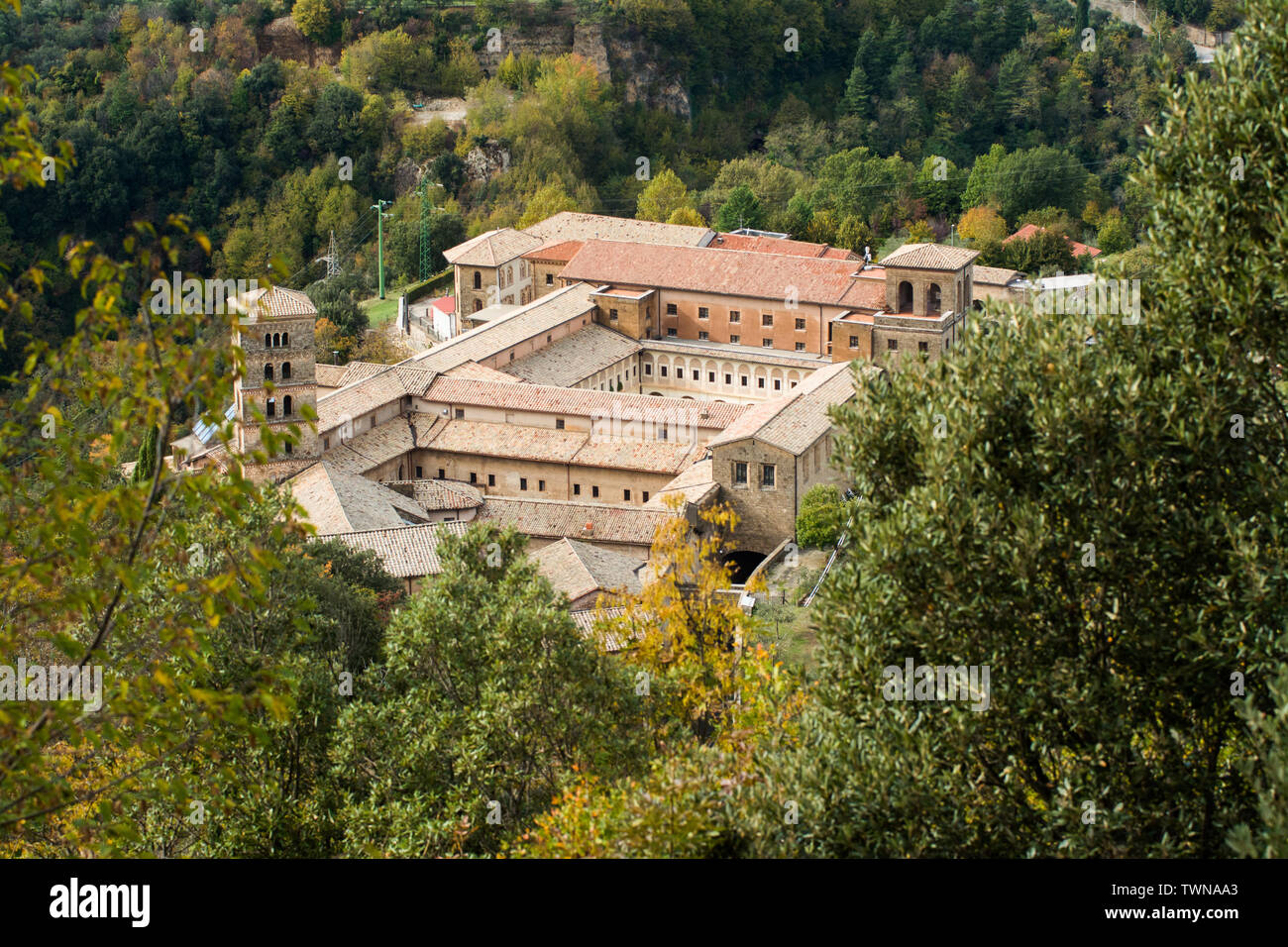 View of Saint Scholastica medieval monastery surrounded, by trees in ...