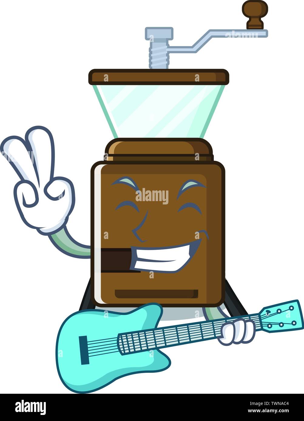 With guitar cartoon coffee grinder above wooden table Stock Vector ...