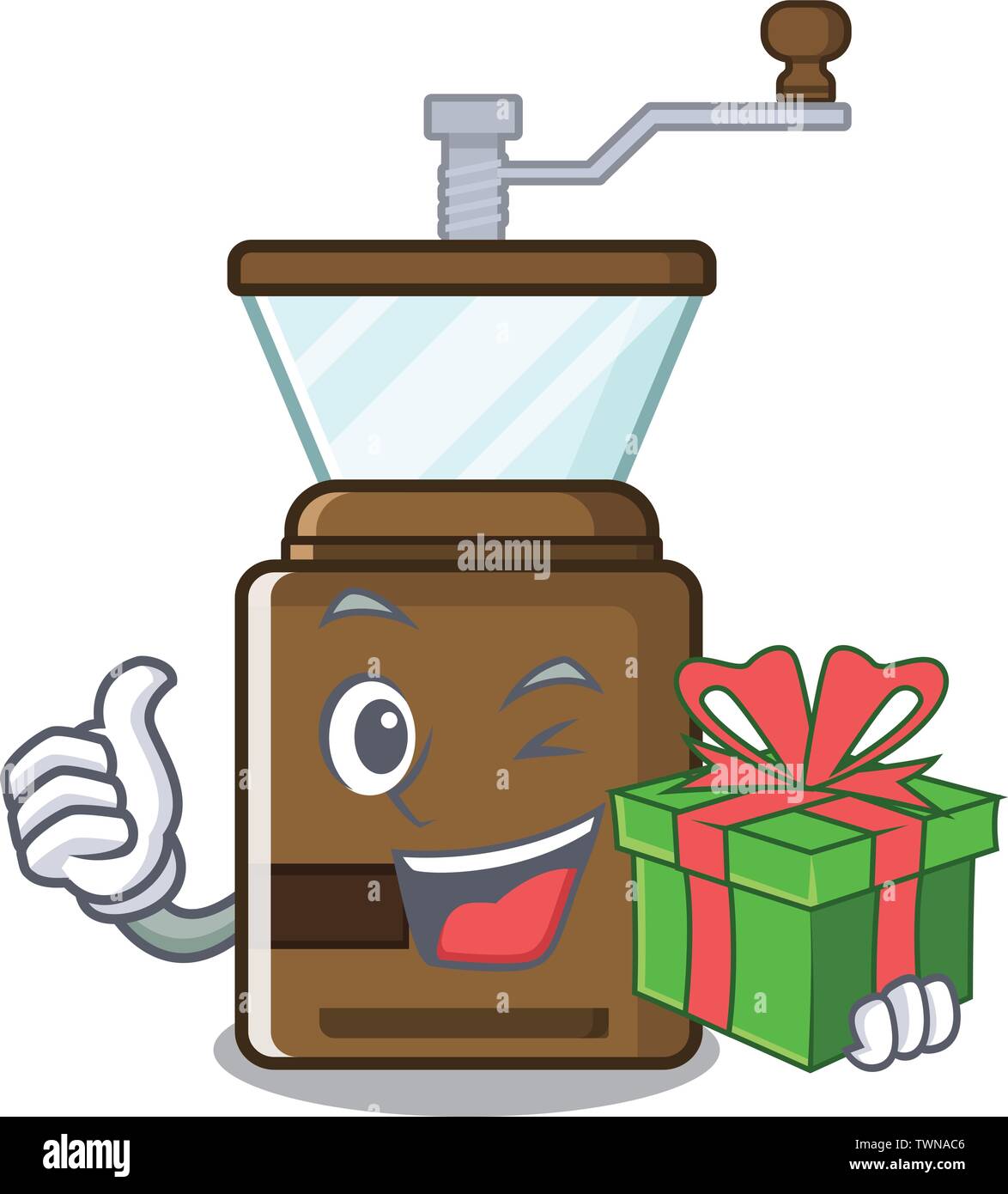 With gift cartoon coffee grinder above wooden table Stock Vector Image ...