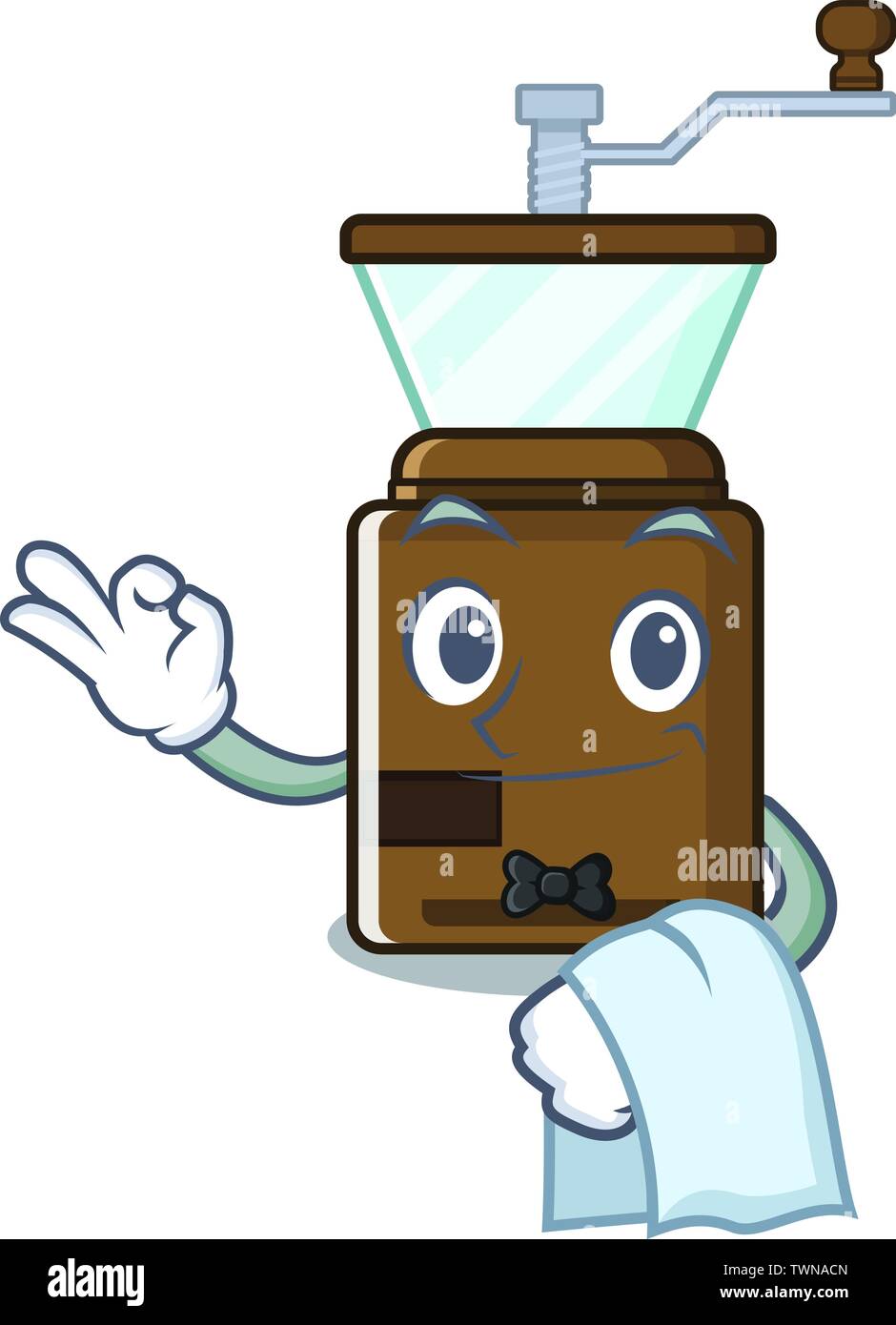 Waiter cartoon coffee grinder above wooden table Stock Vector Image ...