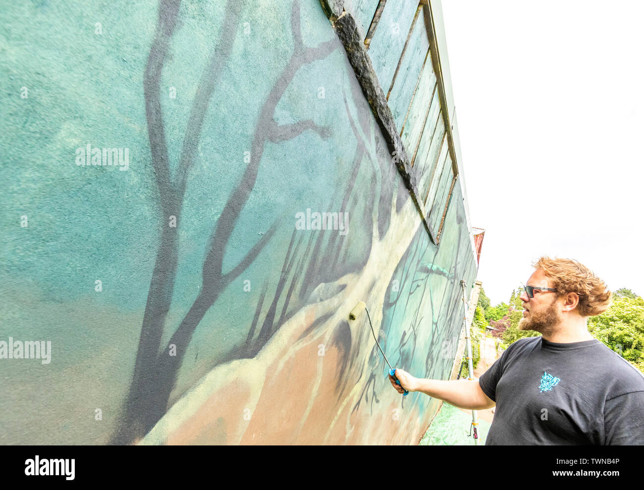 Artist Jim Vision. Creation of a large wall mural with a natural ...