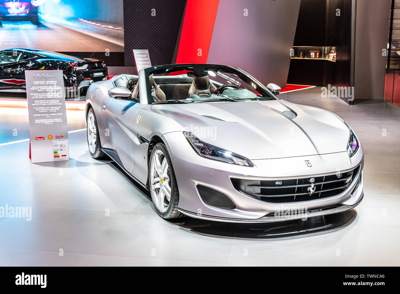 Paris, France, October 2018 silver Ferrari Portofino at Mondial Paris ...