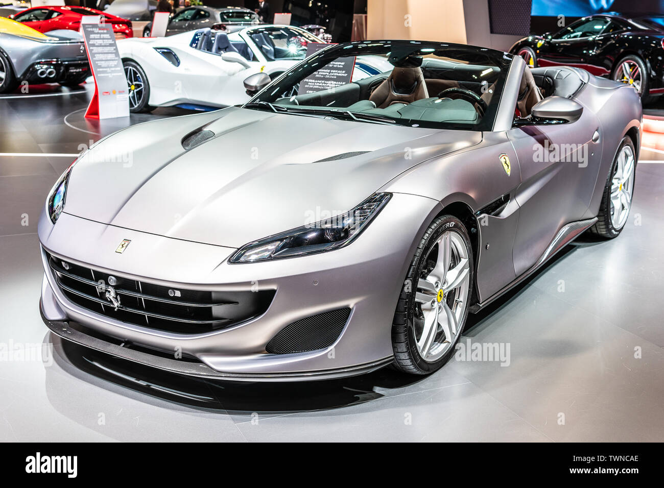 Paris, France, October 2018 silver Ferrari Portofino at Mondial Paris ...