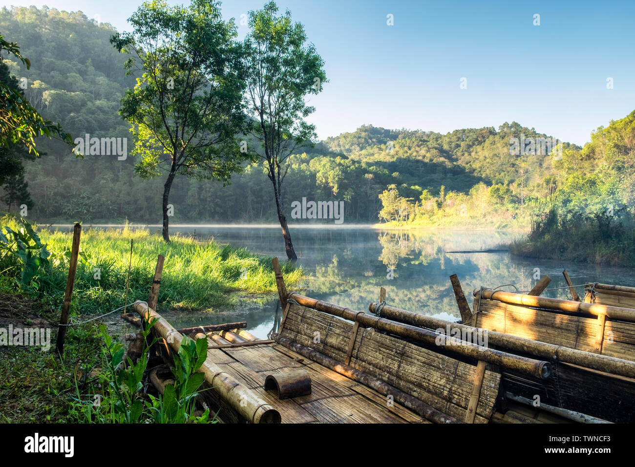 Viewpoint wooden raft on natural reservoir Stock Photo - Alamy