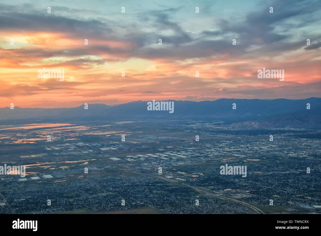 Great Salt Lake Sunset Aerial view from airplane in Wasatch Rocky ...