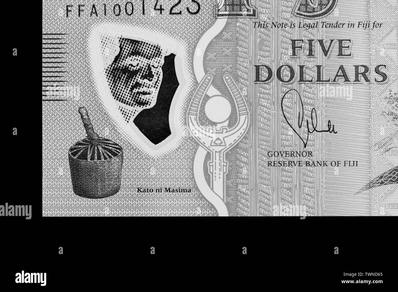 Five Fijian dollars banknote on a black background close up. Black and ...