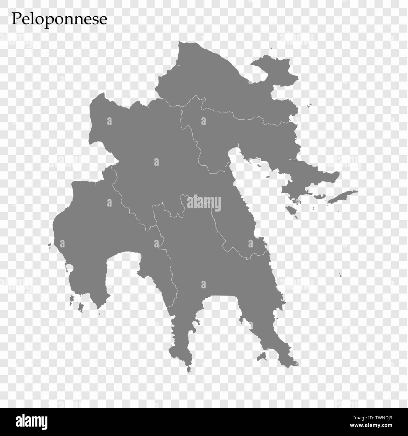 High Quality map of Peloponnese is a region of Greece, with borders of ...