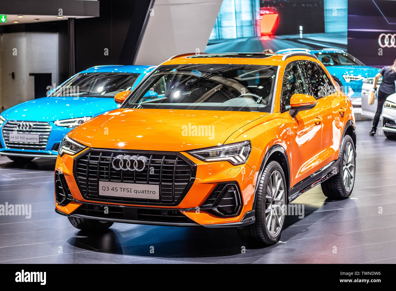 Paris, France, Oct 2018: metallic orange new Audi Q3 45 TFSI quattro at ...