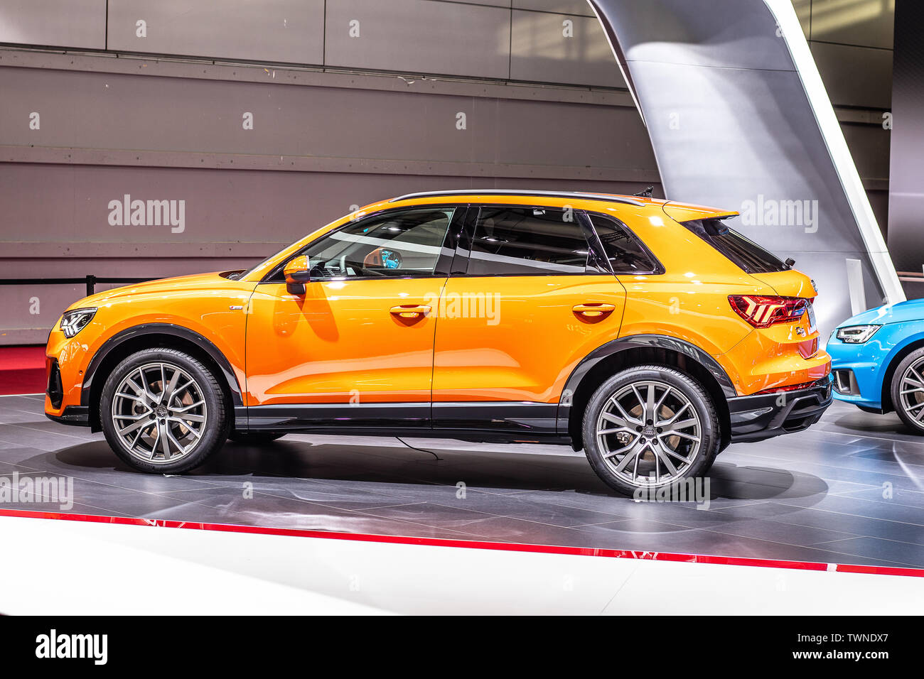 Paris, France, Oct 2018: metallic orange new Audi Q3 45 TFSI quattro at ...