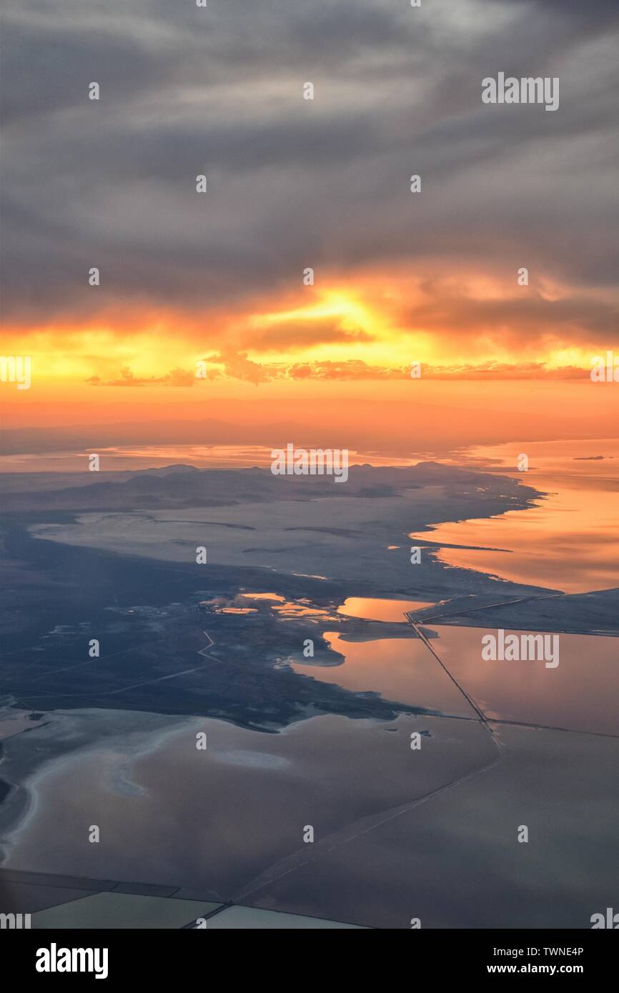 Great Salt Lake Sunset Aerial view from airplane in Wasatch Rocky ...