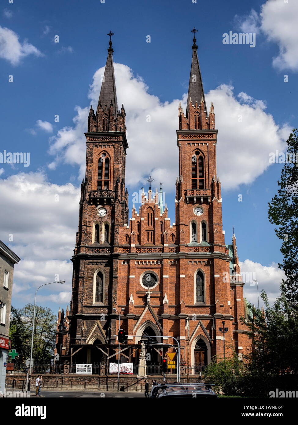 Twin tower church building with red brick in Lodz-Poland Stock Photo ...