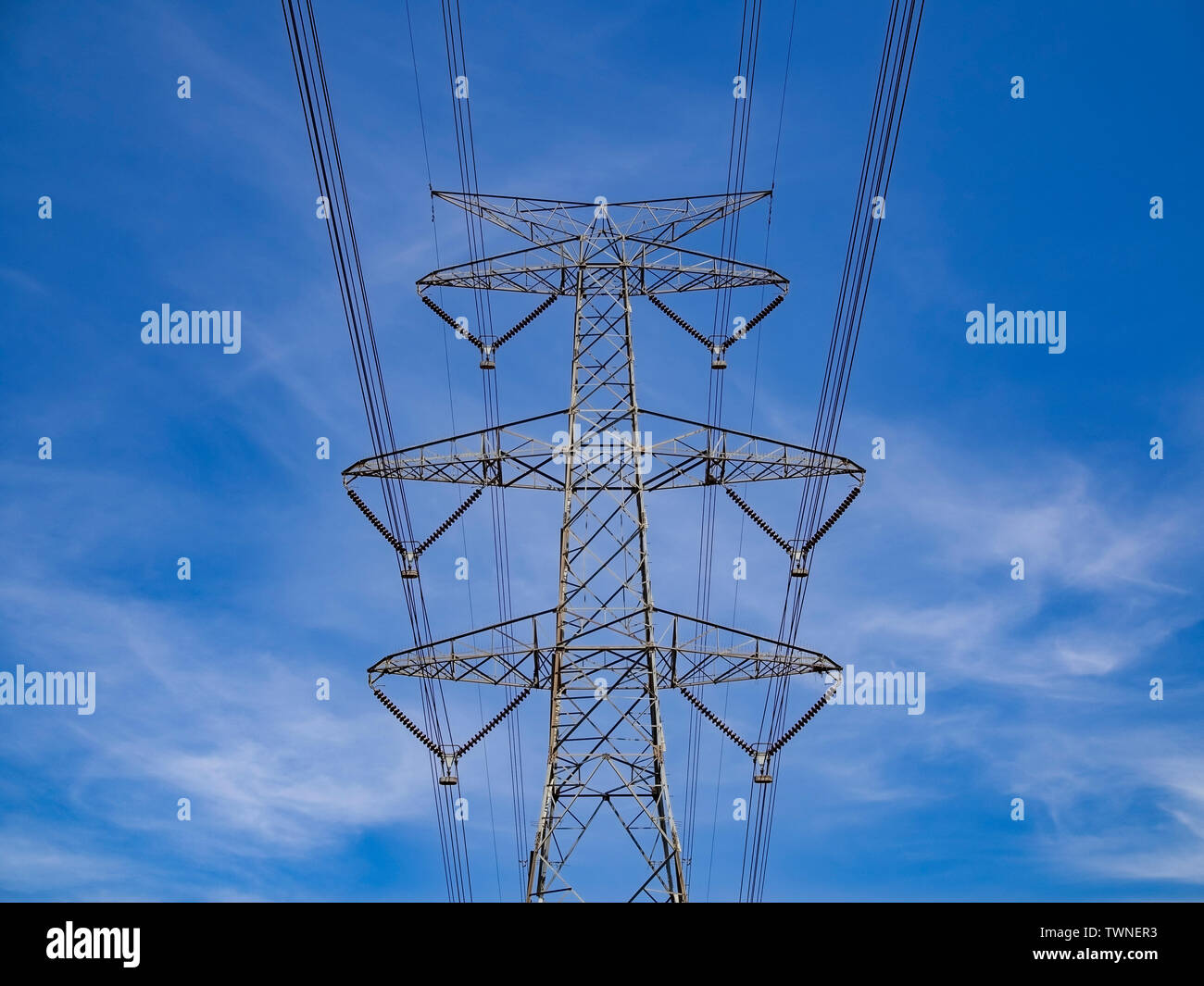 High voltage electric energy power transmission lines on pylon for ...