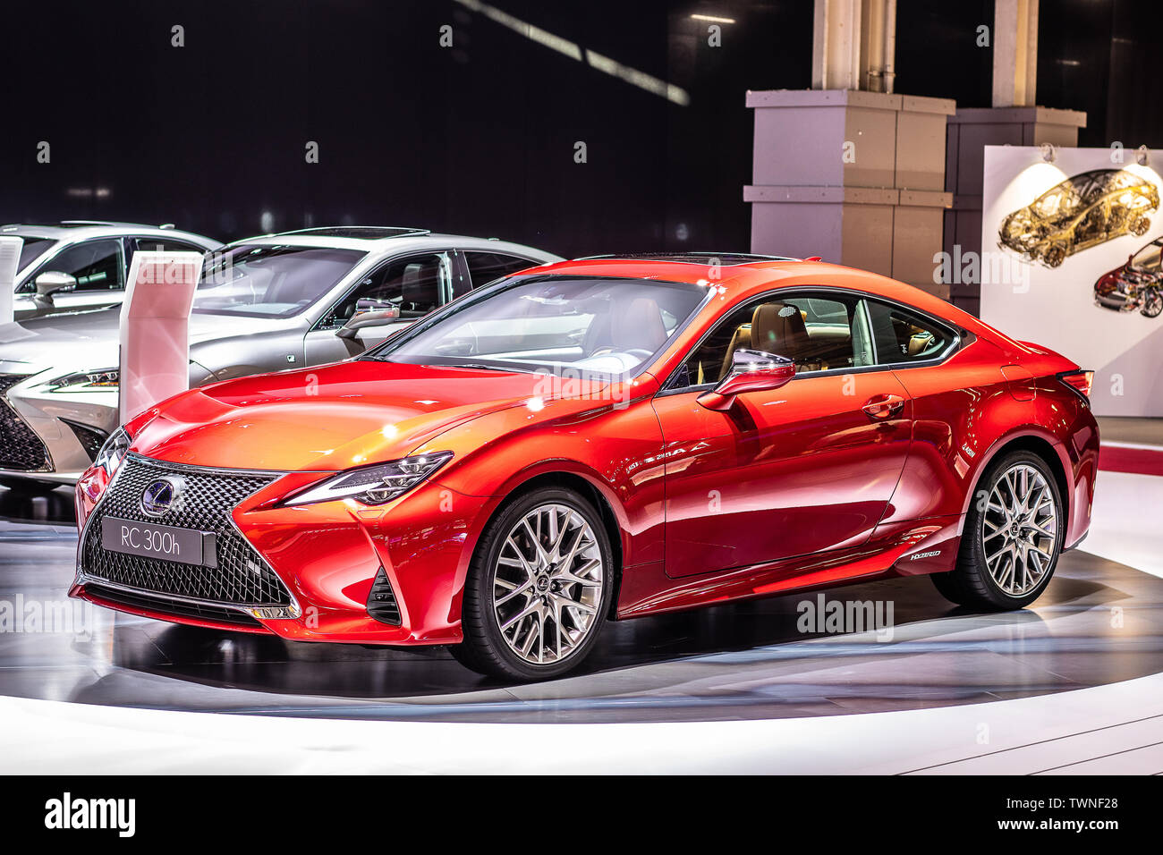 Paris, France, Oct 04, 2018 red LEXUS RC 300h hybrid Facelift ...