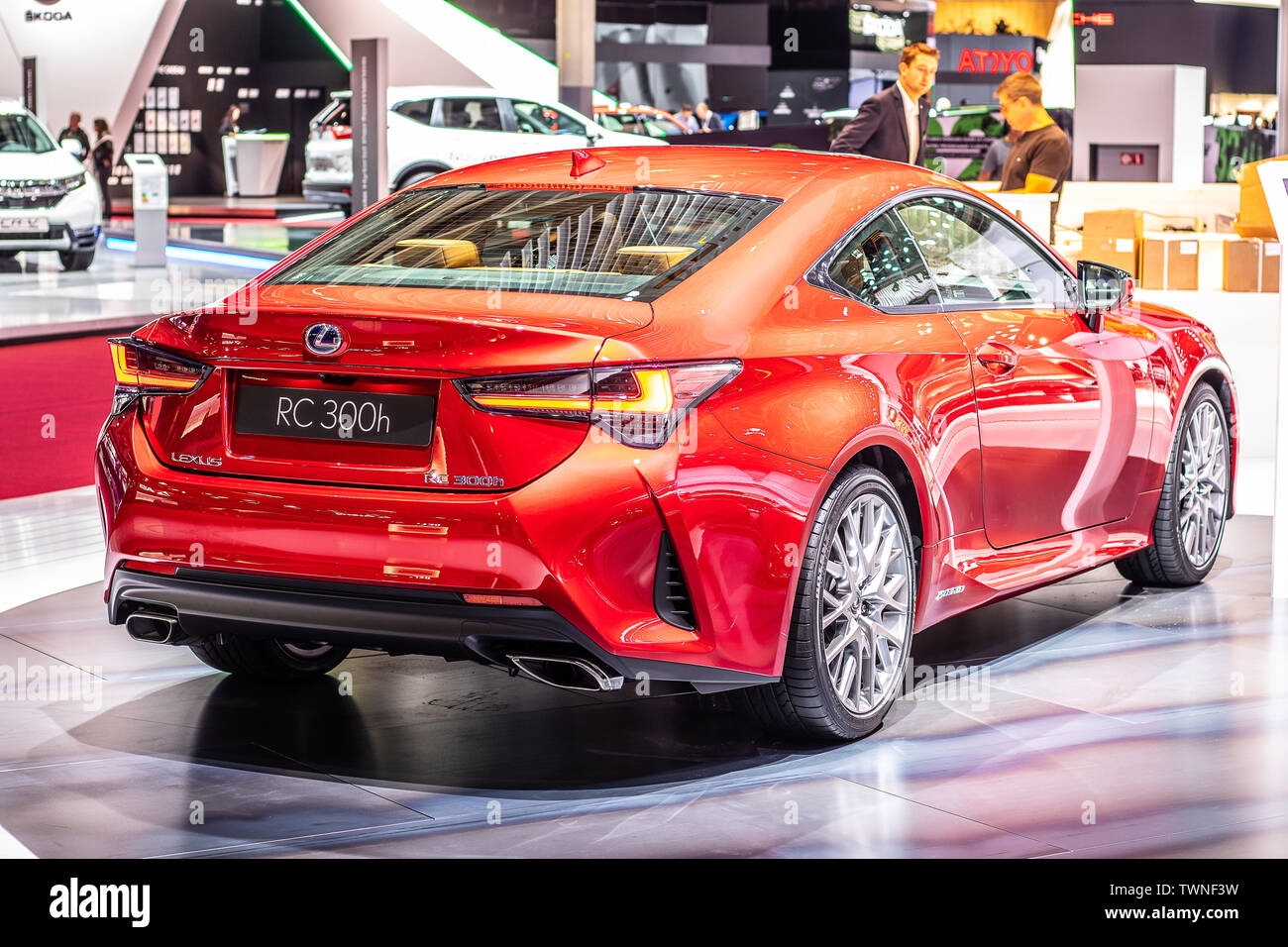 Paris, France, Oct 04, 2018 red LEXUS RC 300h hybrid Facelift ...