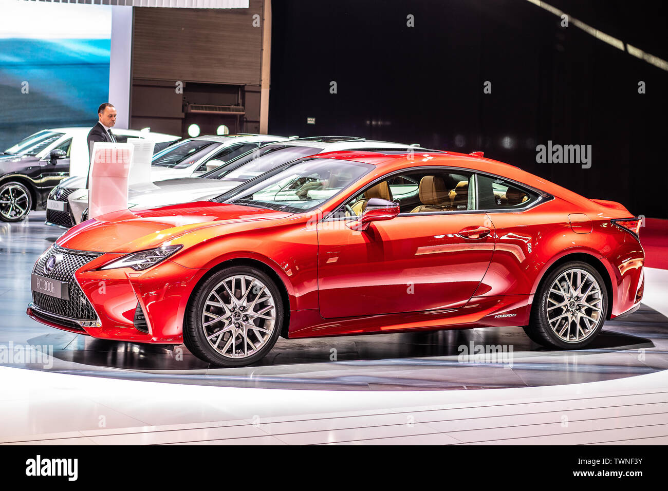 Paris, France, Oct 04, 2018 red LEXUS RC 300h hybrid Facelift ...