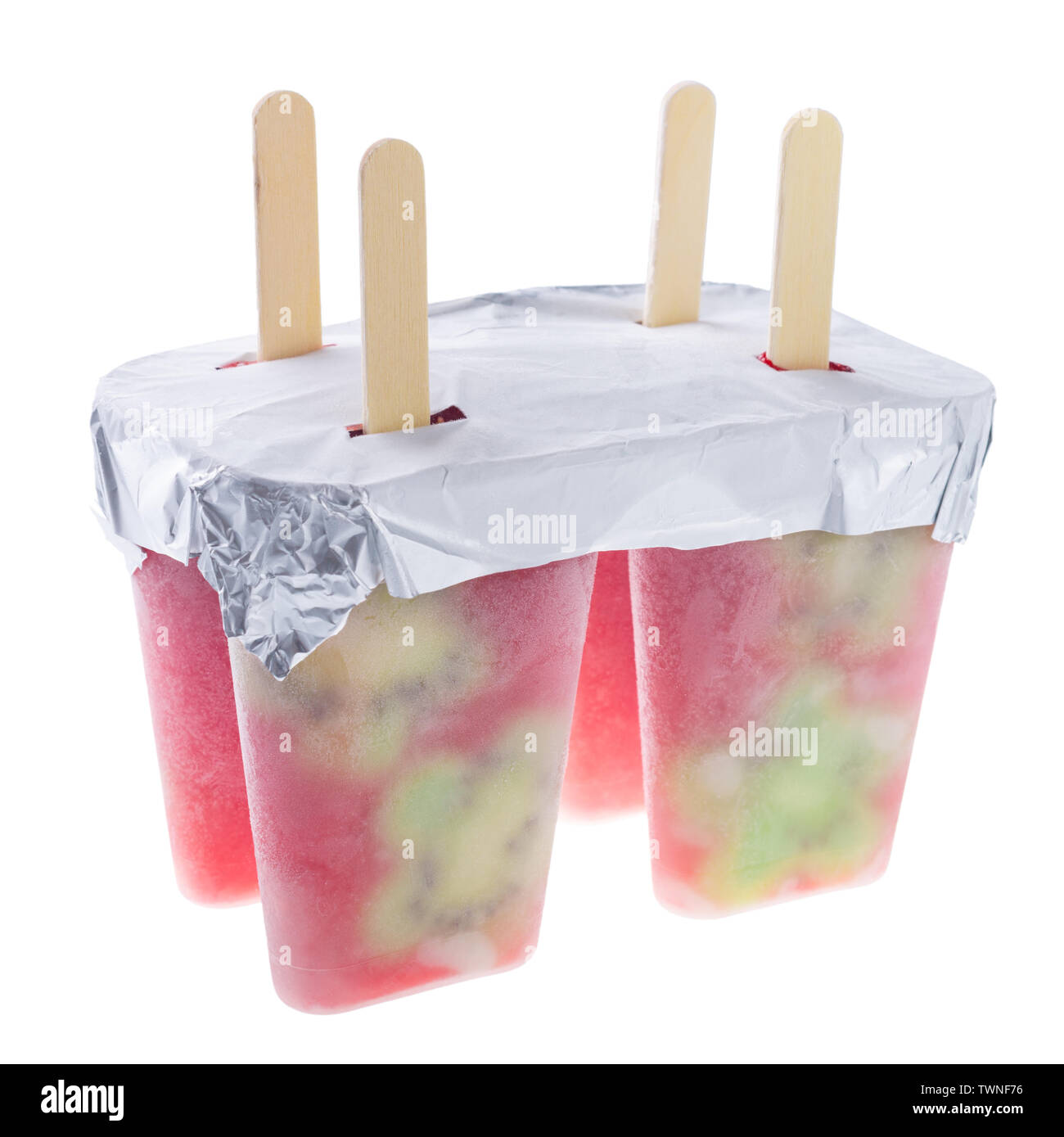 homemade ice popsicle in tray with kiwi and strawberry filling isolated ...