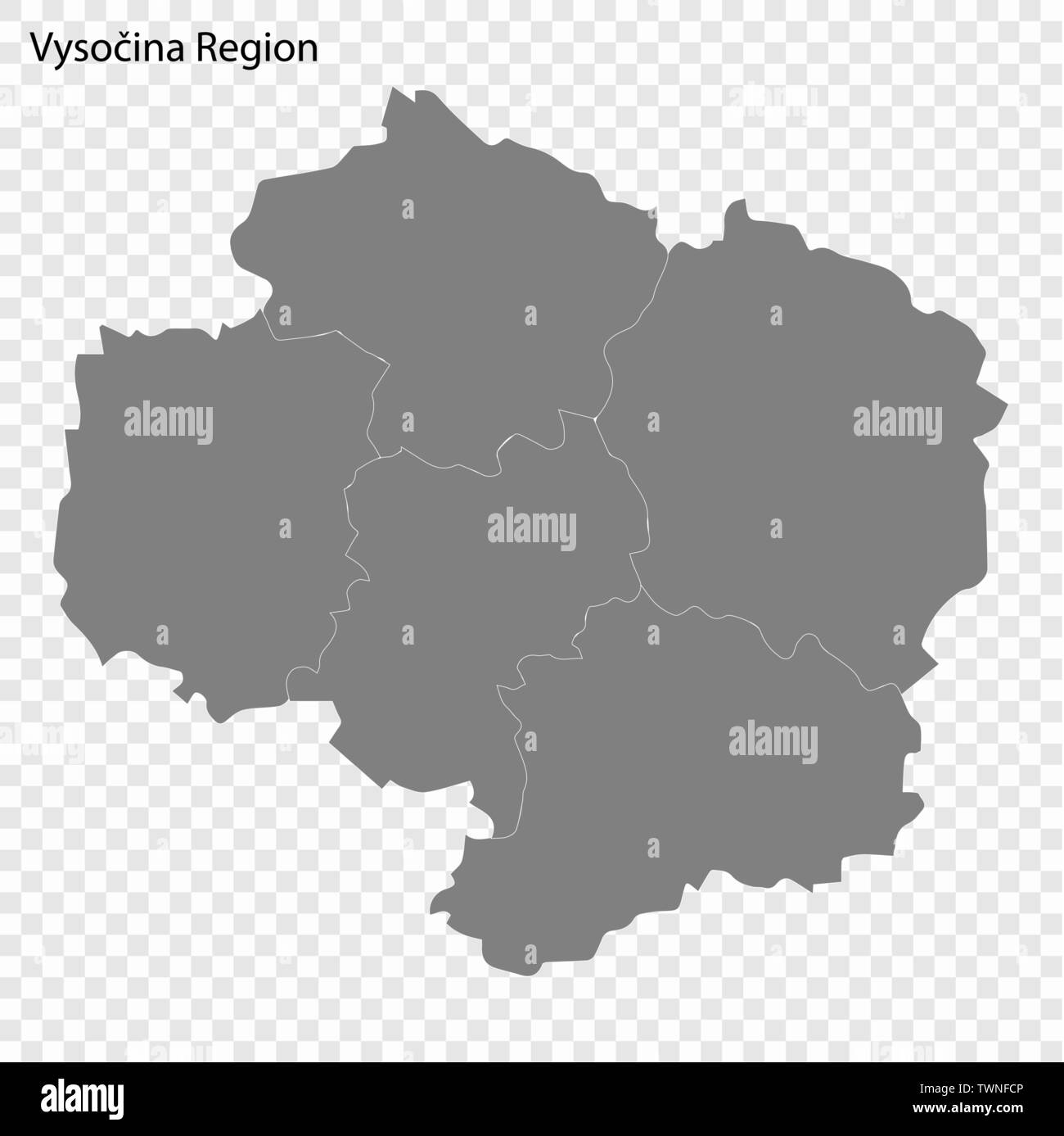 High quality map of Vysocina is a region of Czech republic, with borders of the districts Stock ...