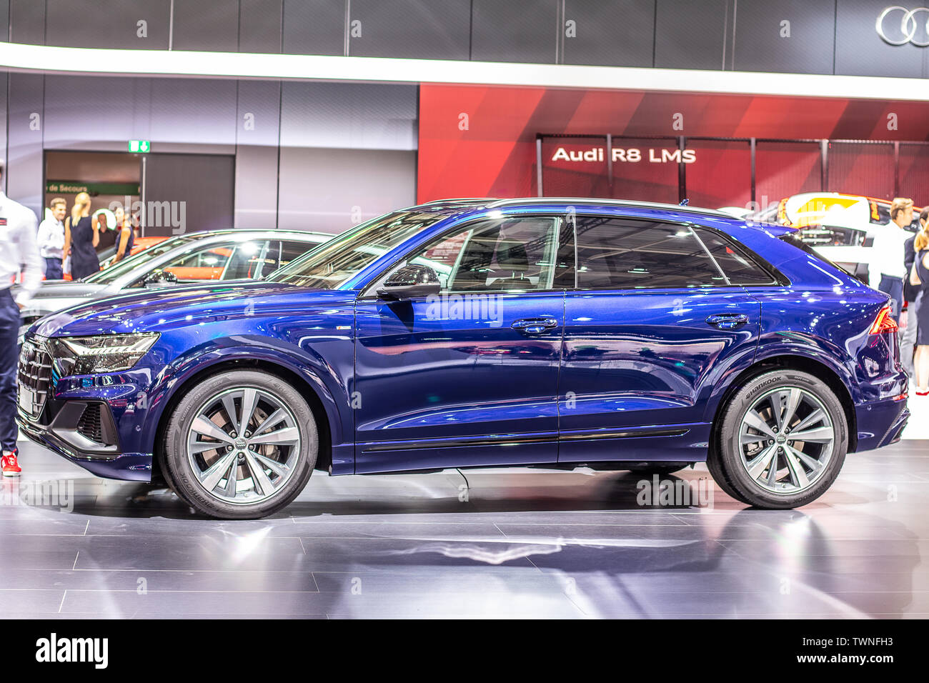Paris, France, Oct 04, 2018 metallic blue all new Audi Q8 at Mondial ...