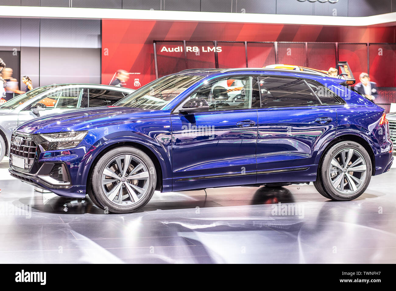 Paris, France, Oct 04, 2018 metallic blue all new Audi Q8 at Mondial ...
