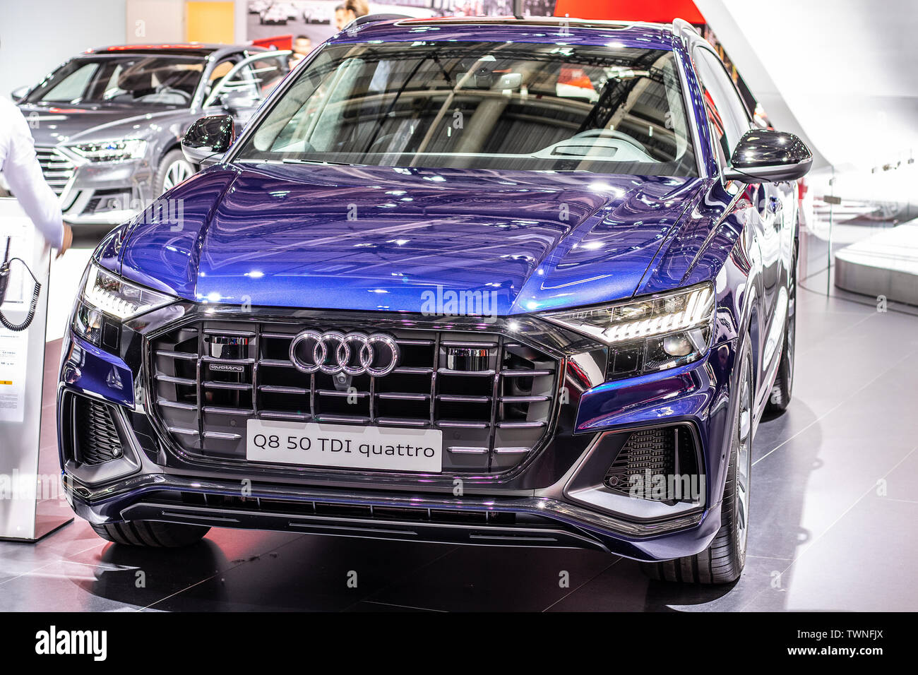 Paris, France, Oct 04, 2018 metallic blue all new Audi Q8 at Mondial ...