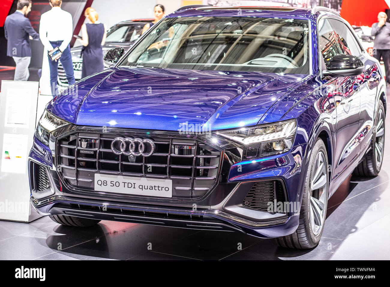 Paris, France, Oct 04, 2018 metallic blue all new Audi Q8 at Mondial ...